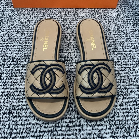 CHANEL | Shoes | Chanel Slides Size 372 Tan Black Gorgeous Condition ...